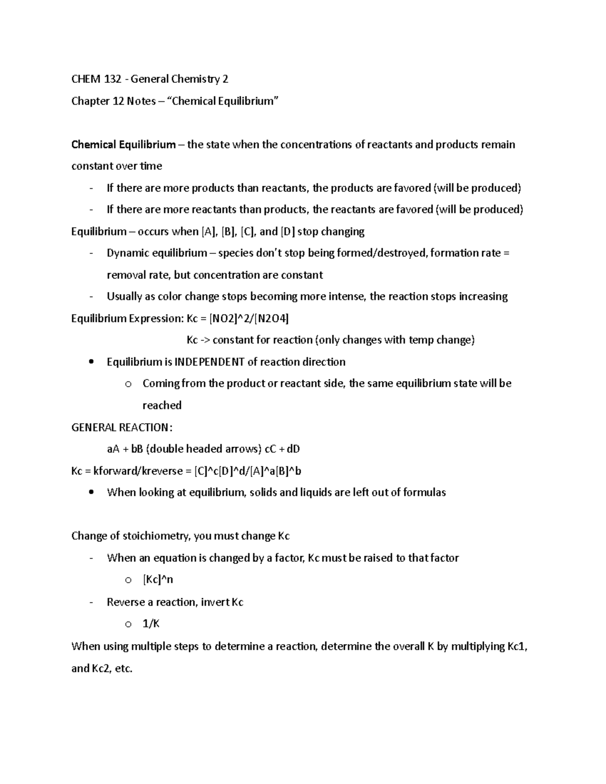 Chemical Equilibrium: General Chemistry 2 Chapter 12 Notes - Studocu