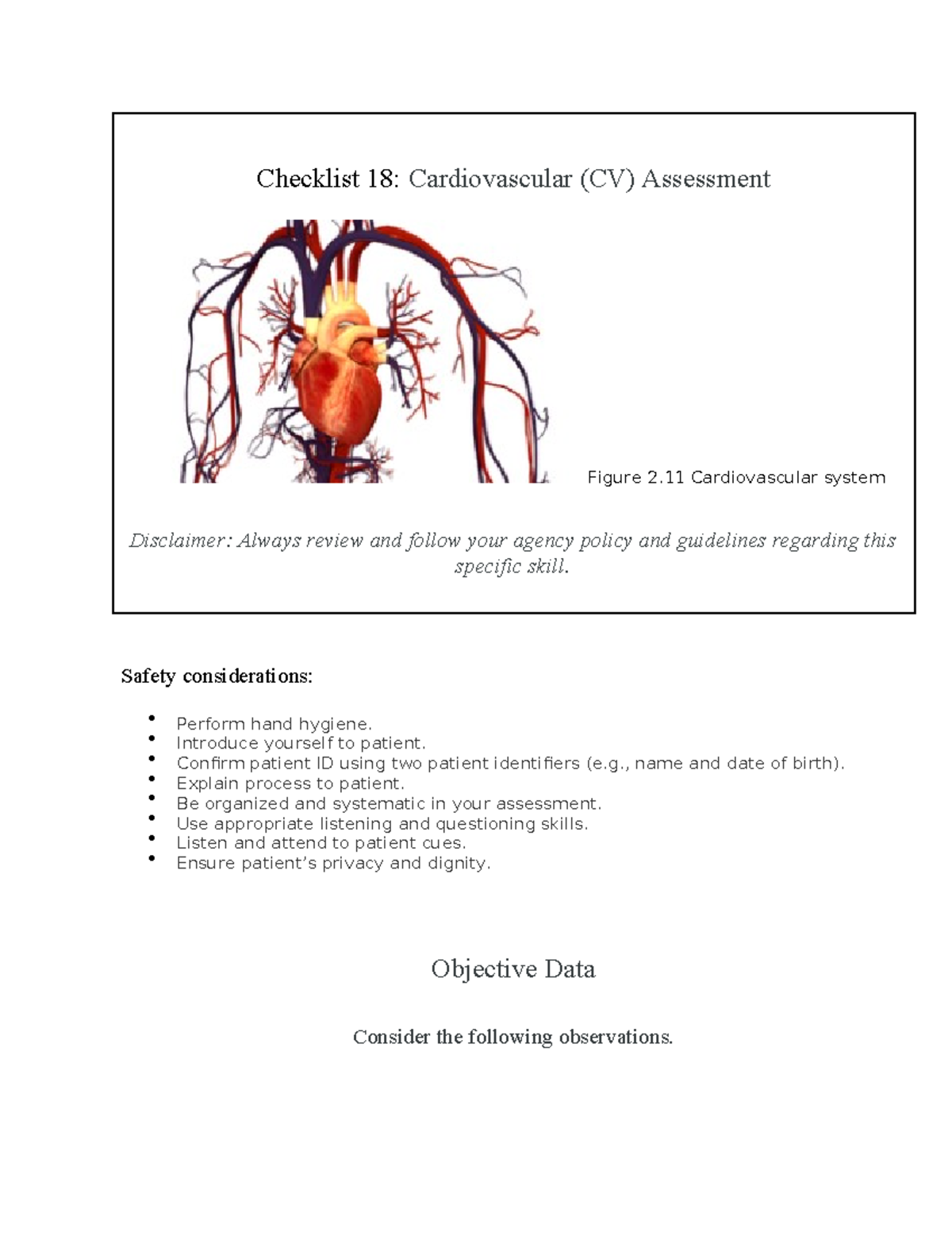 Checklist Cardiovascular Assessment 2 - Checklist 18: Cardiovascular ...