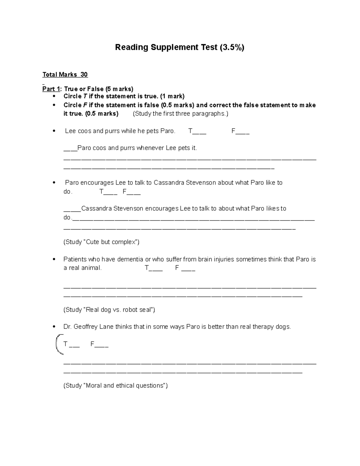 Reading Supplement #3 - abc - Reading Supplement Test (3%) Total Marks ...
