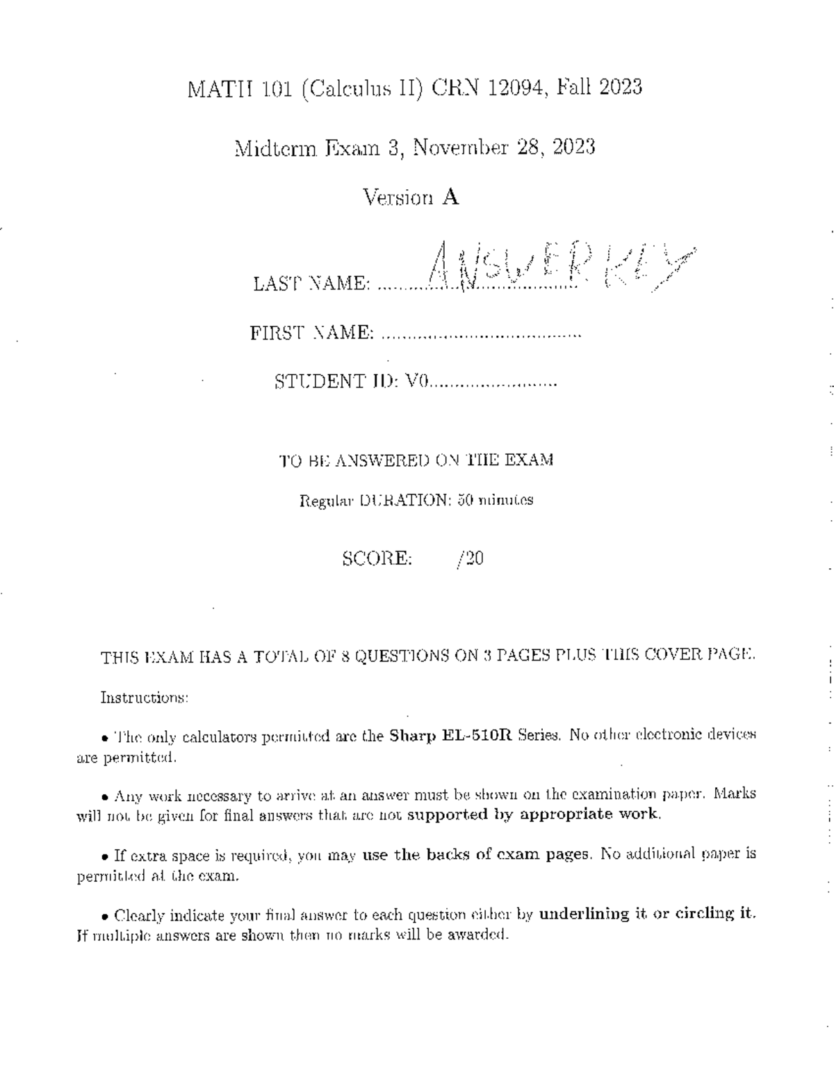 Math101 Midterm 3 VersionA 2023 - Math101 - Studocu