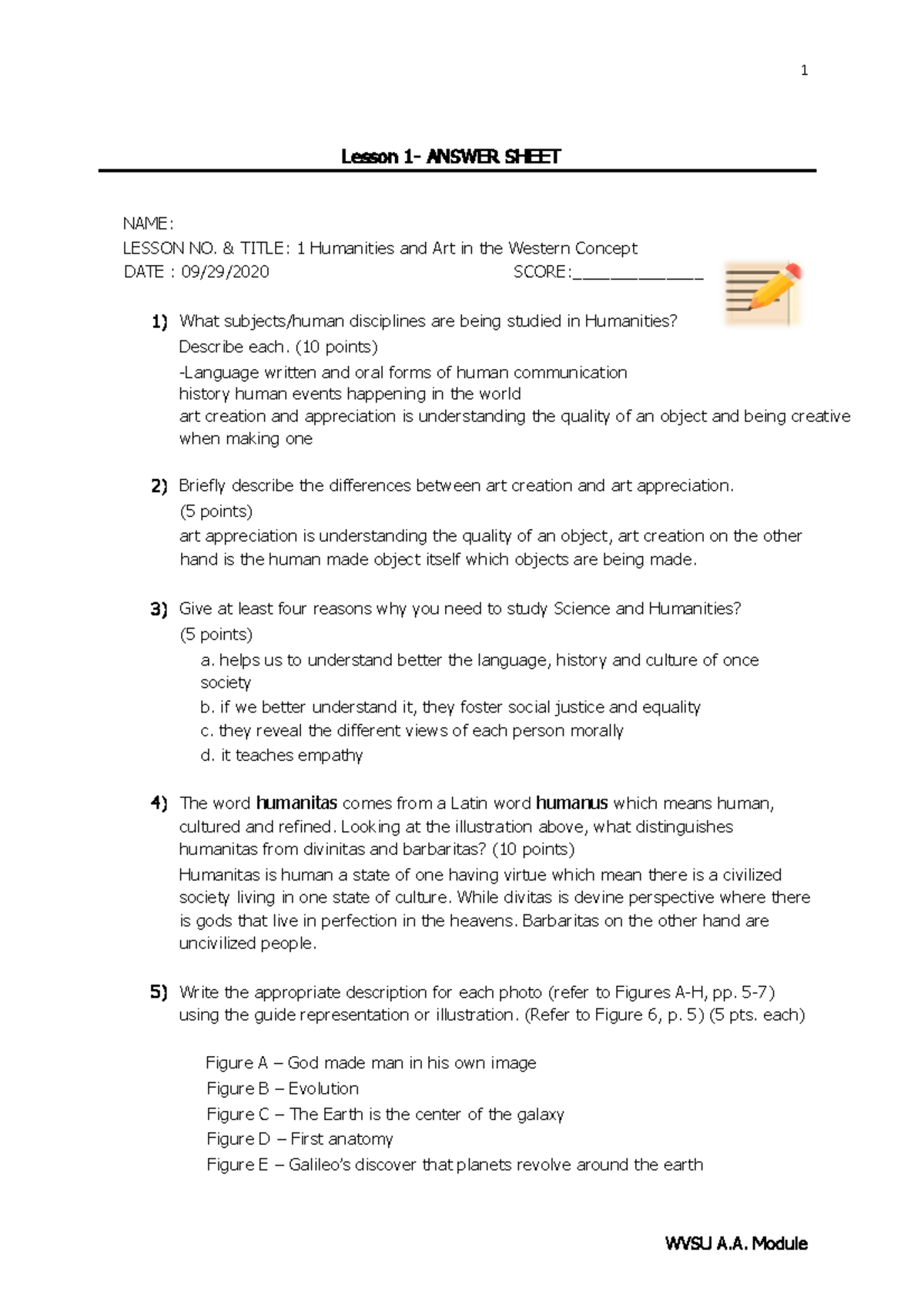 Unit 1 Lesson 1 Assignment Humanities - 1 Lesson 1 - ANSWER SHEET NAME ...