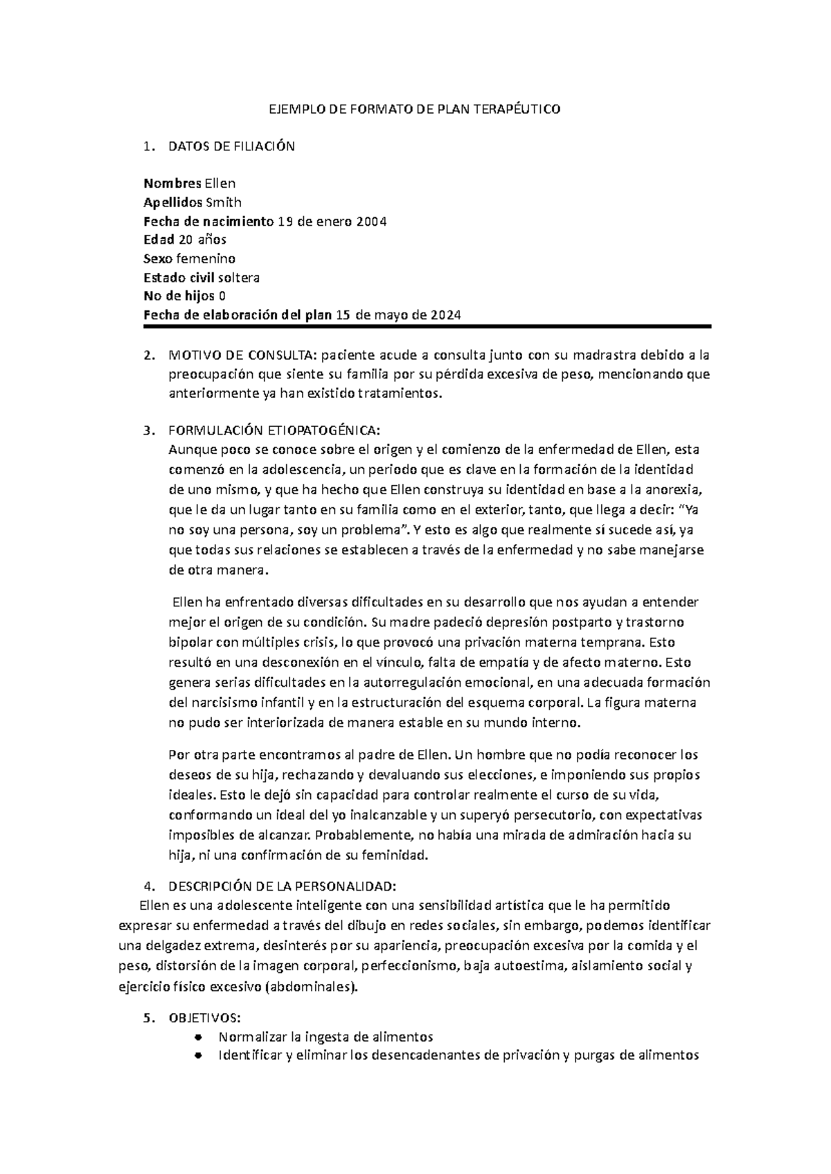 Ejemplo DE Formato DE PLAN Terapéutico - EJEMPLO DE FORMATO DE PLAN TERAPÉUTICO 1. DATOS DE ...