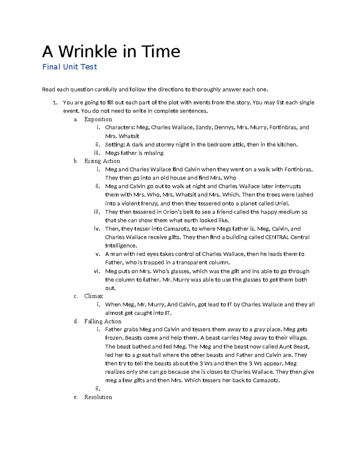 A Wrinkle in Time - Unit 3 Test - A Wrinkle in Time Final Unit Test ...