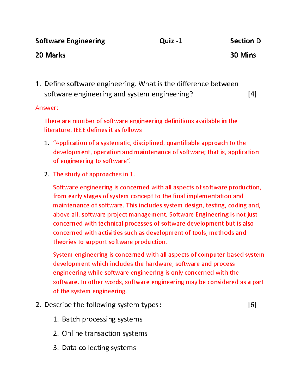 Quiz 1 6 August 2014, questions and answers - Software Engineering Quiz ...