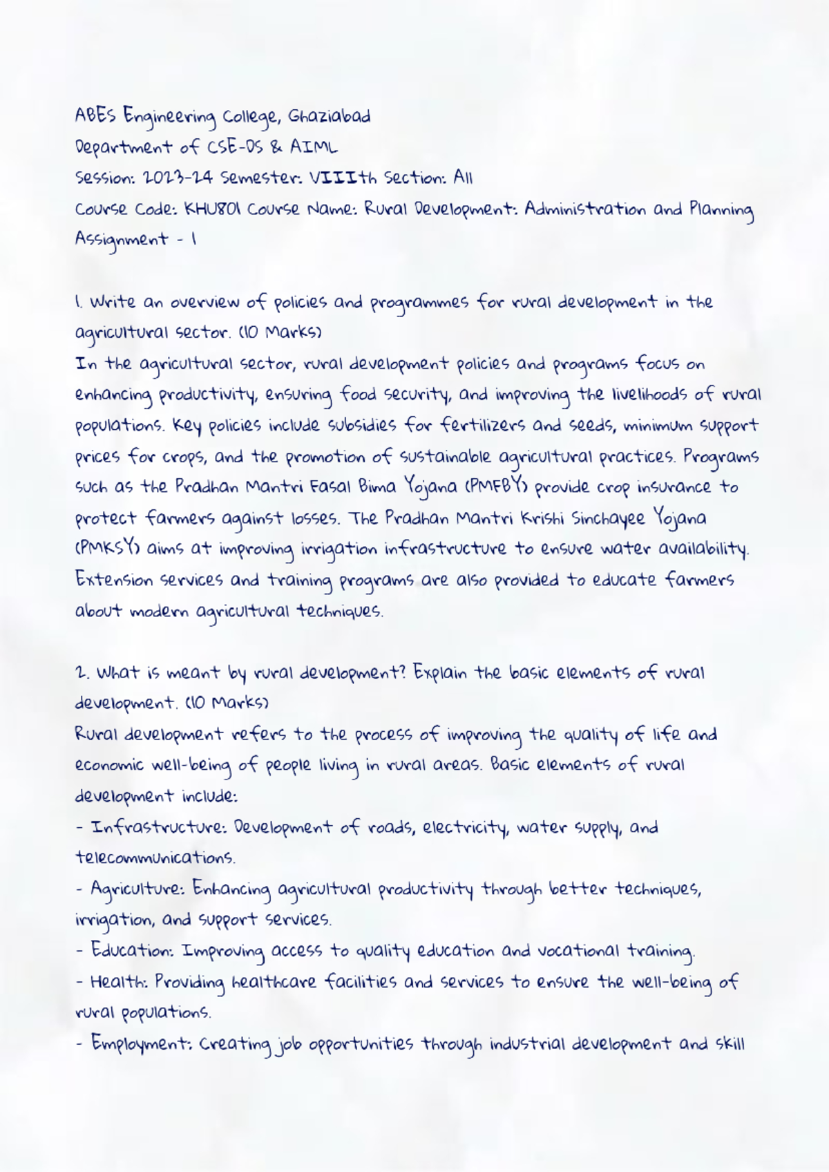 Rass - Assignment of rural development - B.Tech - Studocu