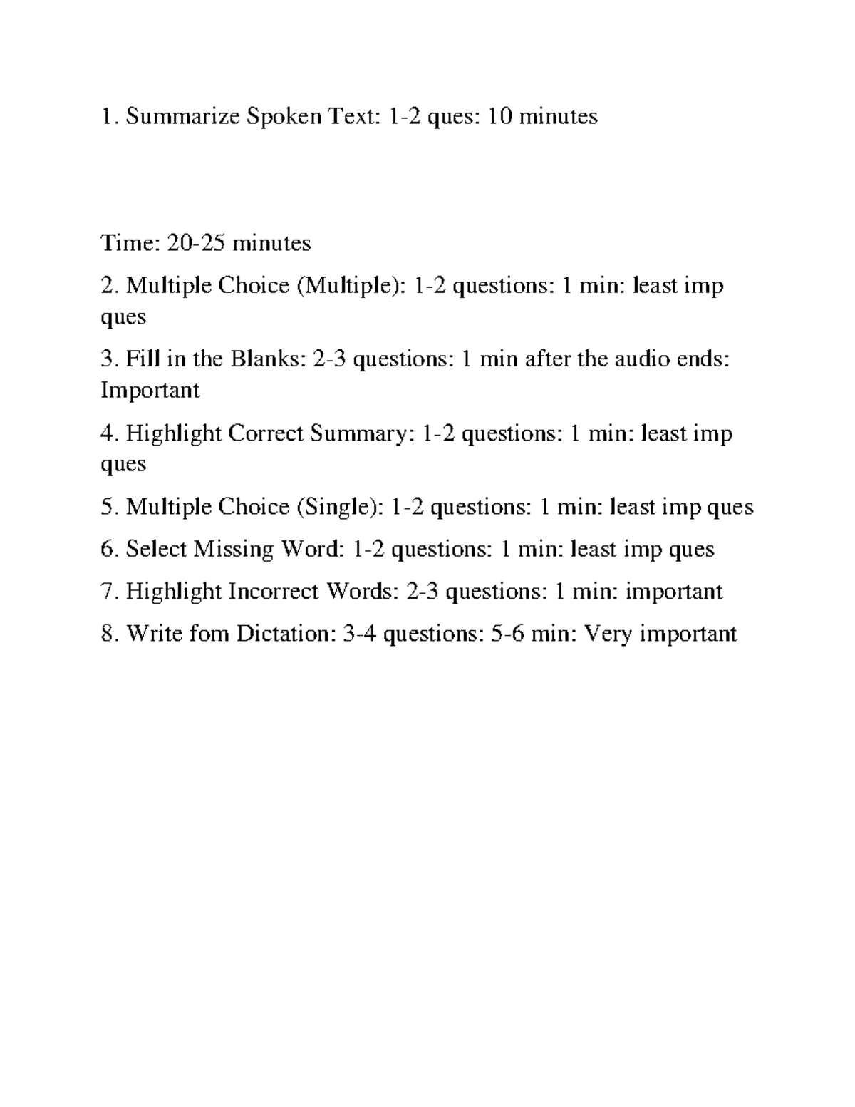 Sst - important - Summarize Spoken Text: 1-2 ques: 10 minutes Time: 20 ...