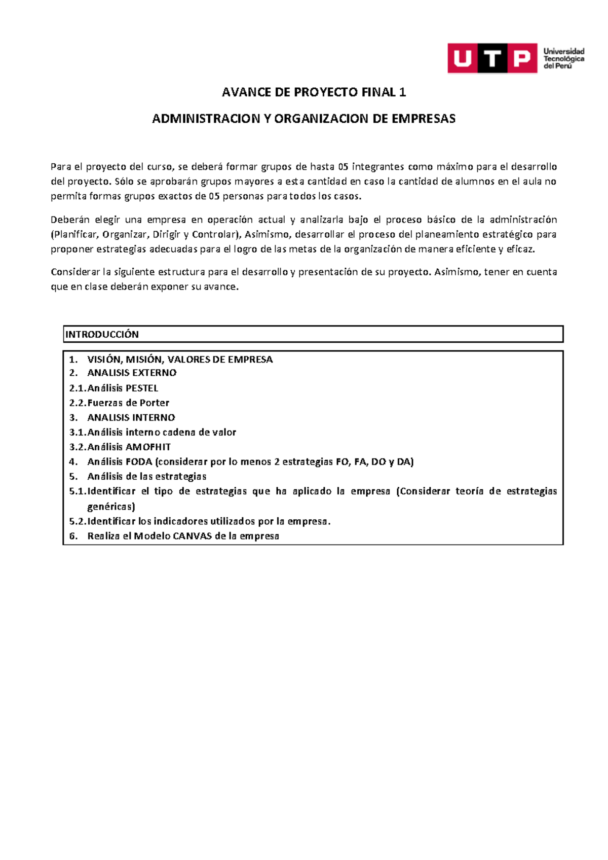 Avance 01 AOE - AVANCE DE PROYECTO FINAL 1 ADMINISTRACION Y ...