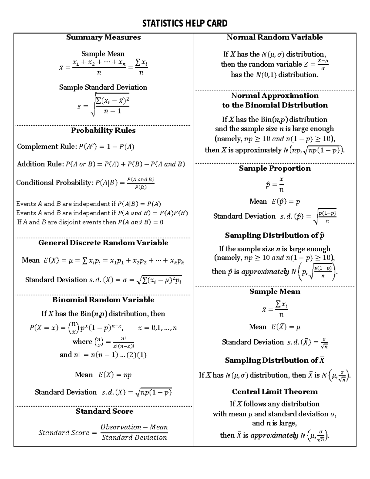 Statistics Help Card Full - STT 442 - Warning: TT: undefined function: 32 - Studocu