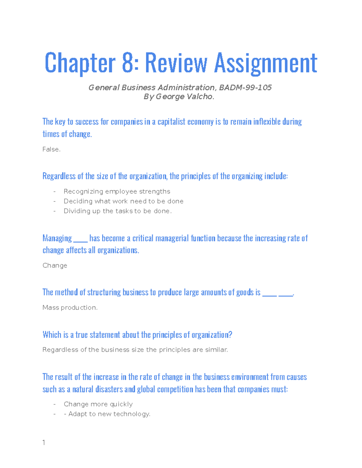 Badm Chapter 8 Review Assignment Chapter 8 Review Assignment General