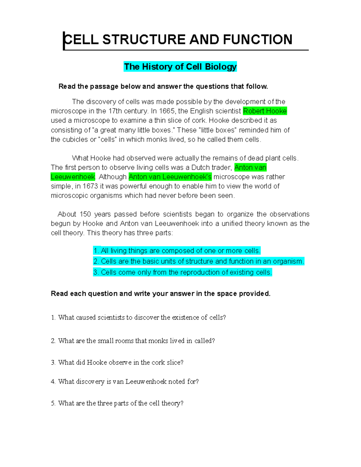 Cell Theory wks 1 - CELL STRUCTURE AND FUNCTION The History of Cell ...