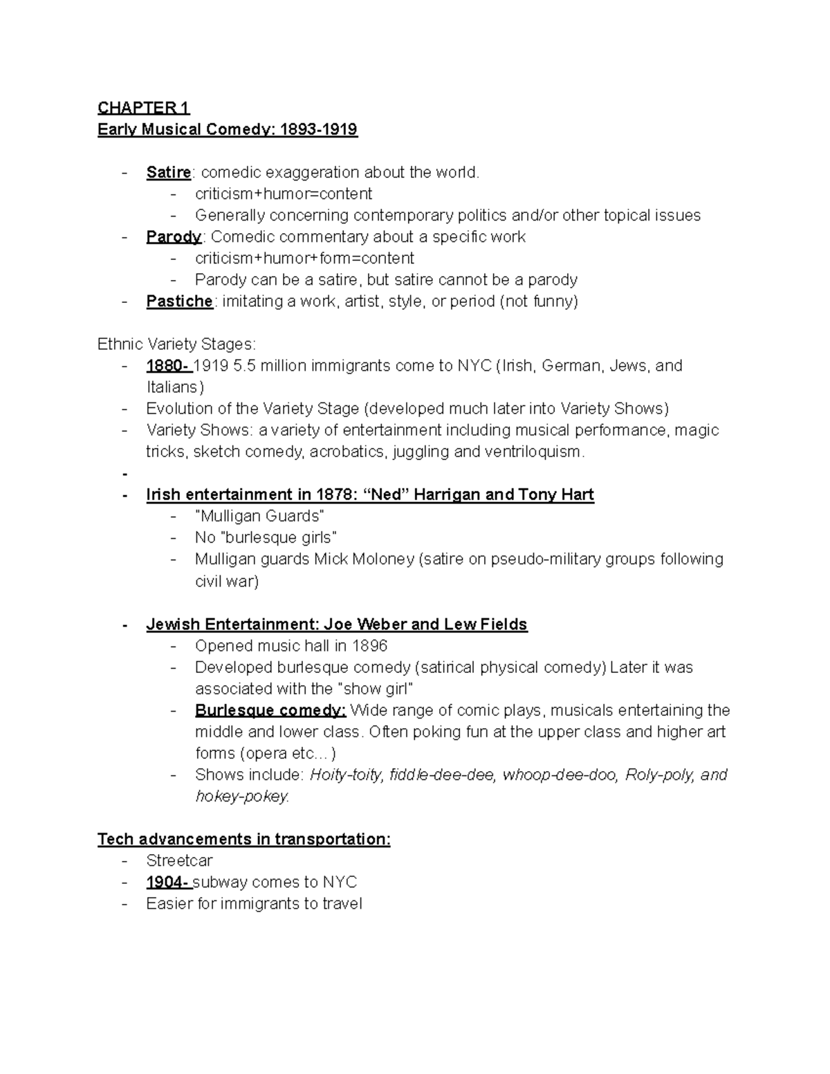 Appreciation of Musical Theatre- Notes - CHAPTER 1 Early Musical Comedy ...