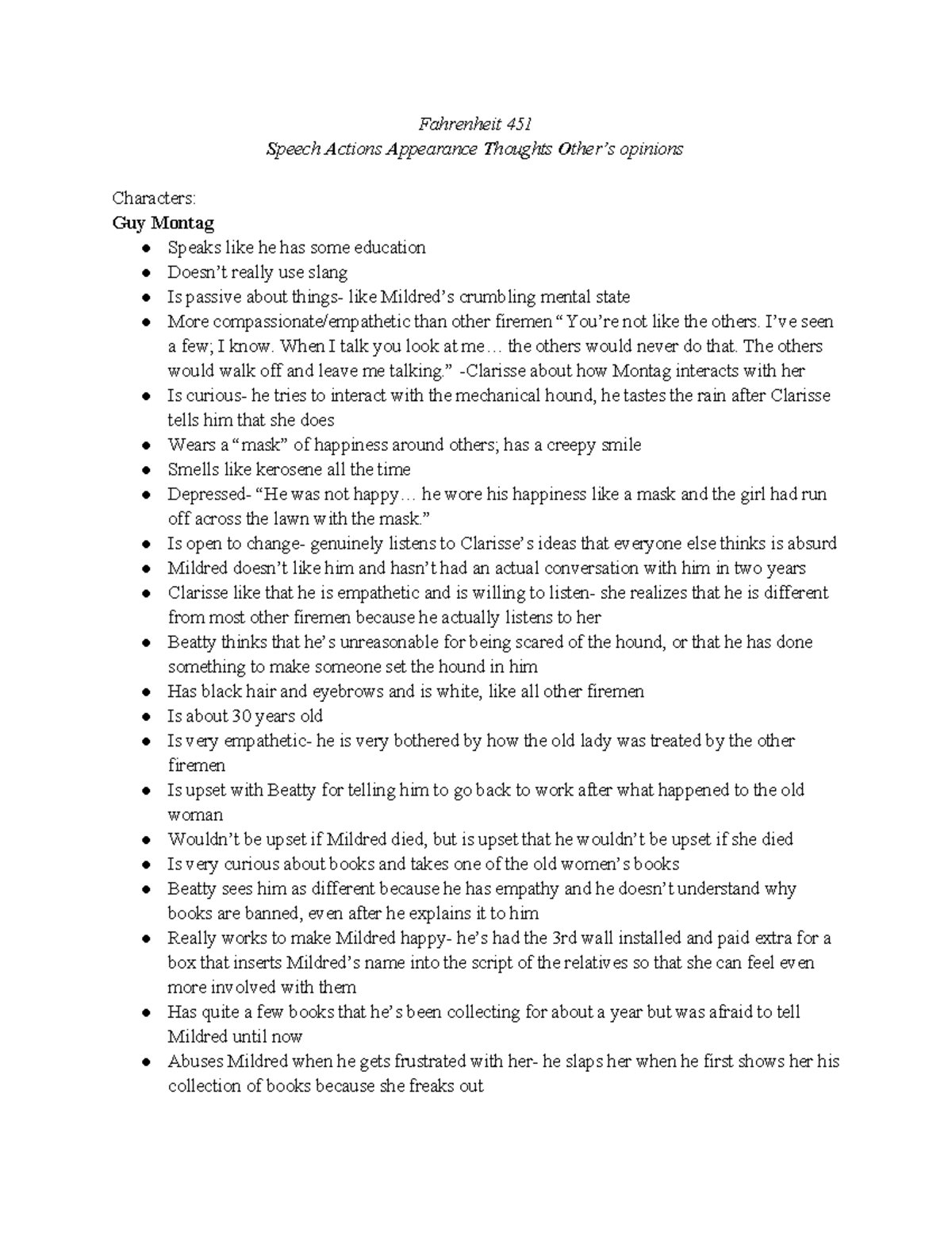 Fahrenheit 451 Notes pg 1-76 - Fahrenheit 451 Speech Actions Appearance ...