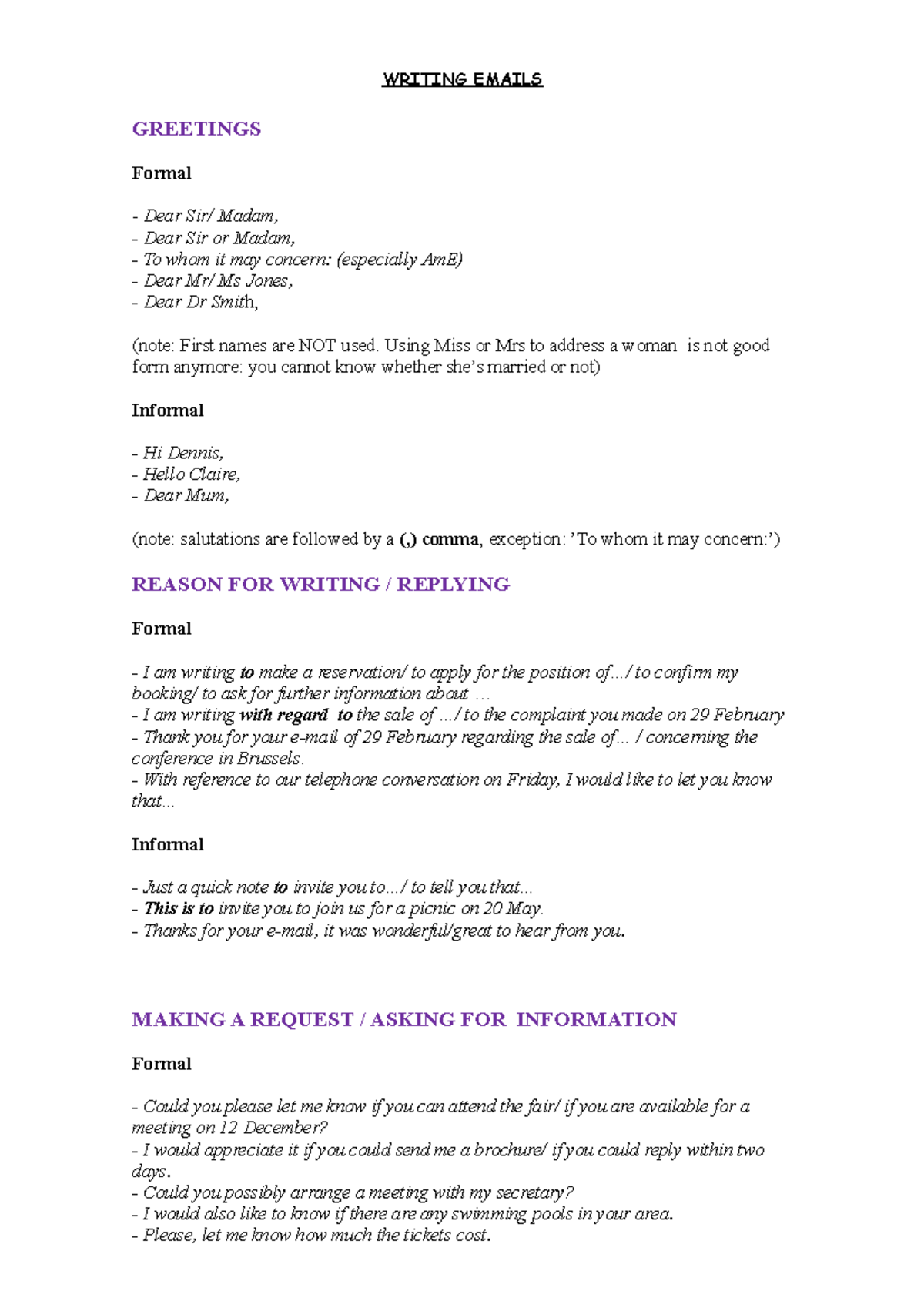 Writing Emails - WRITING EMAILS GREETINGS Formal Dear Sir/ Madam, Dear ...