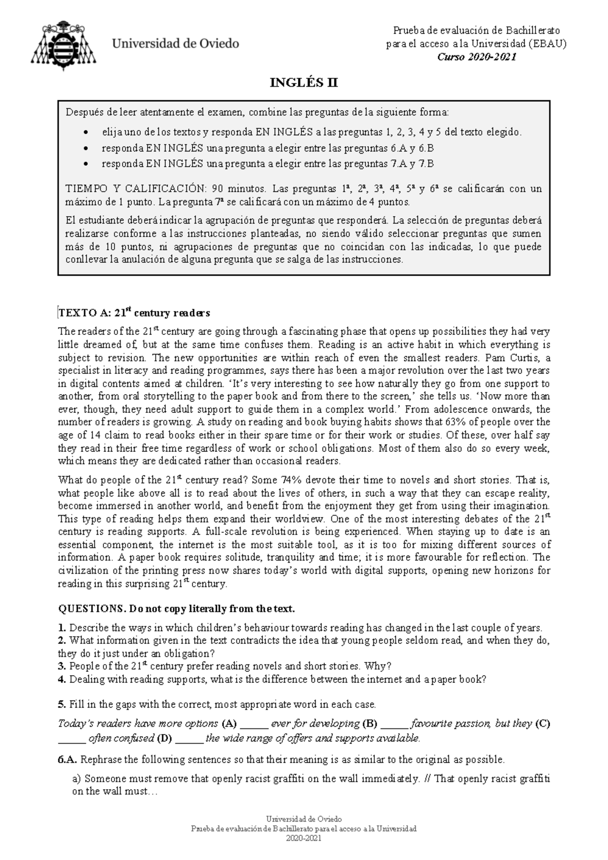 Examen Ingl Ã©s de Asturias (Ordinaria de 2021) [www - INGLÉS II Prueba de evaluación de - Studocu