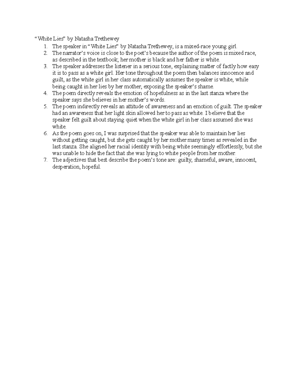 7 2 Discussion Board Question - “White Lies” by Natasha Trethewey The ...