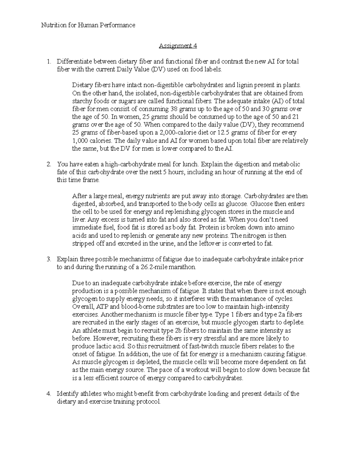 Assignment 4 (Nutrition) - Nutrition for Human Performance Assignment 4 ...