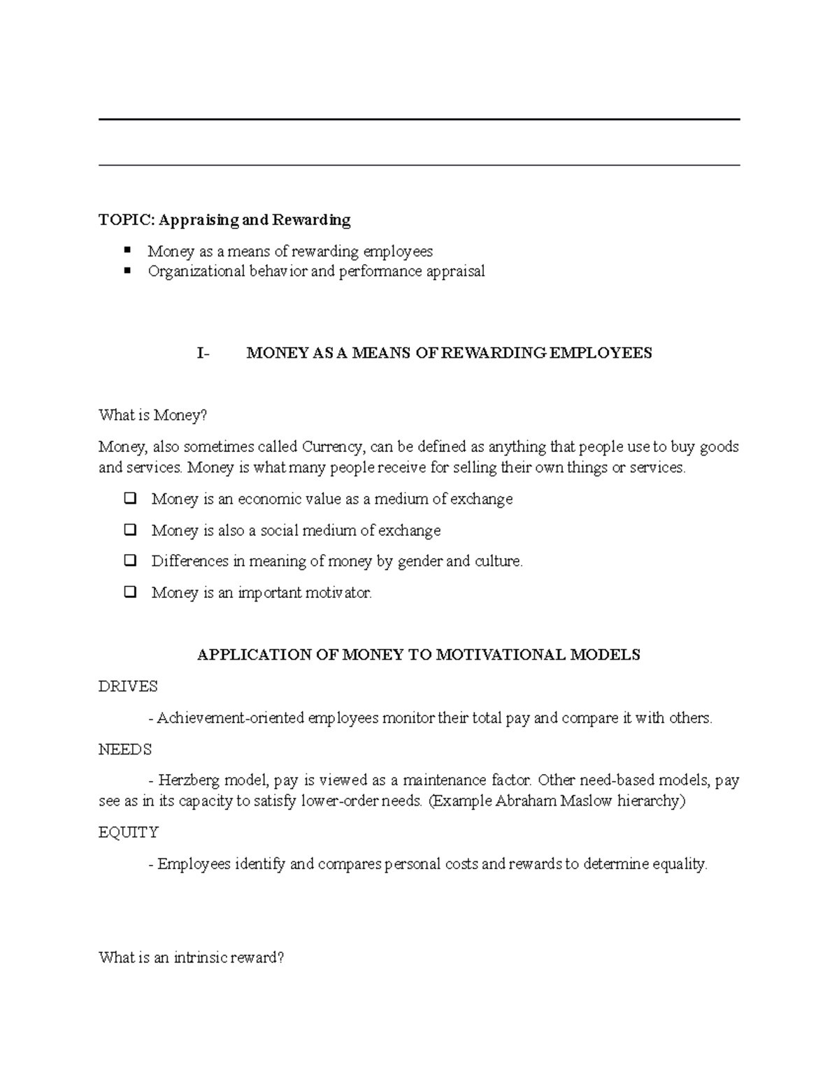 Appraising and Rewarding Notes - TOPIC: Appraising and Rewarding Money ...