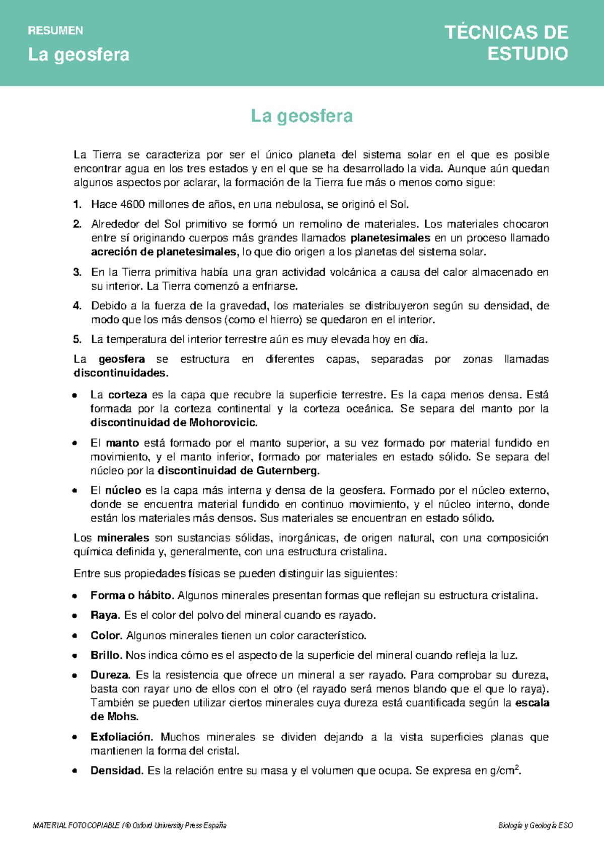 Geología 1º ESO GENIOX Tema Geosfera - RESUMEN La geosfera TÉCNICAS DE ...