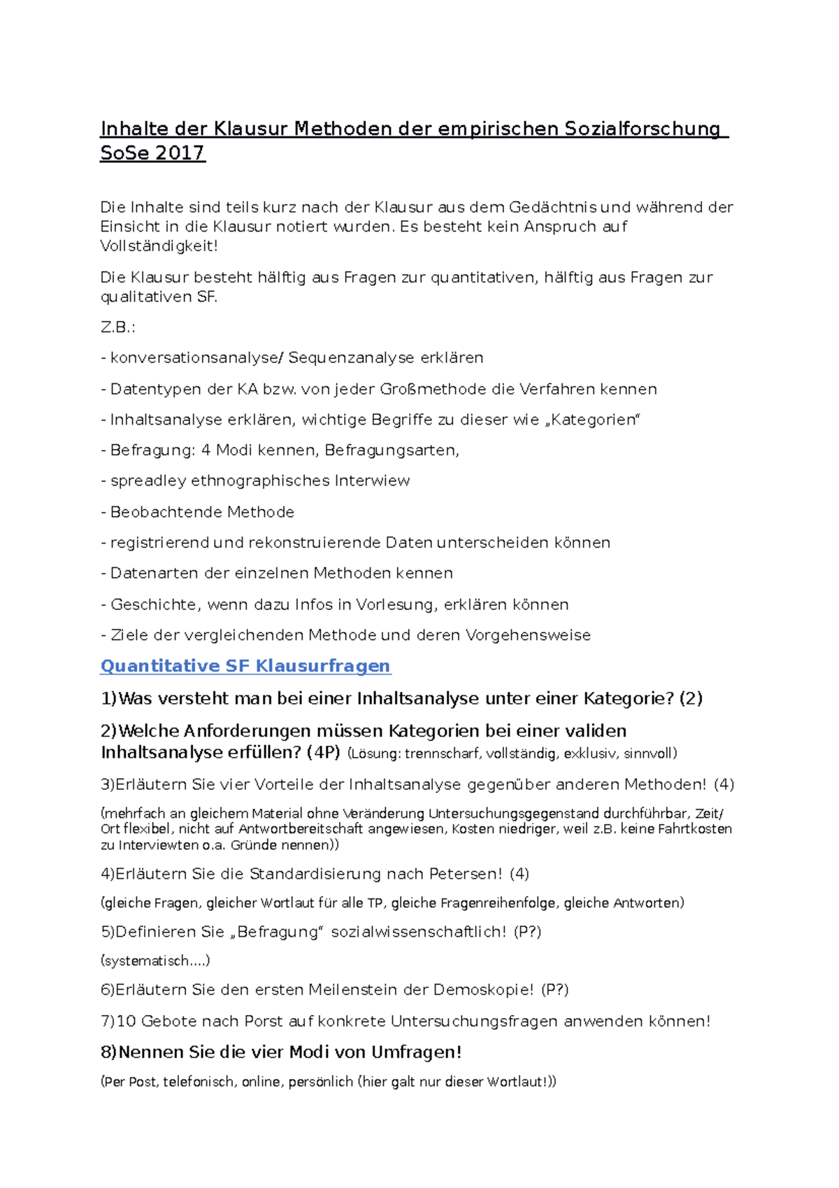 Methoden II So Se 2017 - Klausur Hilfe - Inhalte der Klausur Methoden ...