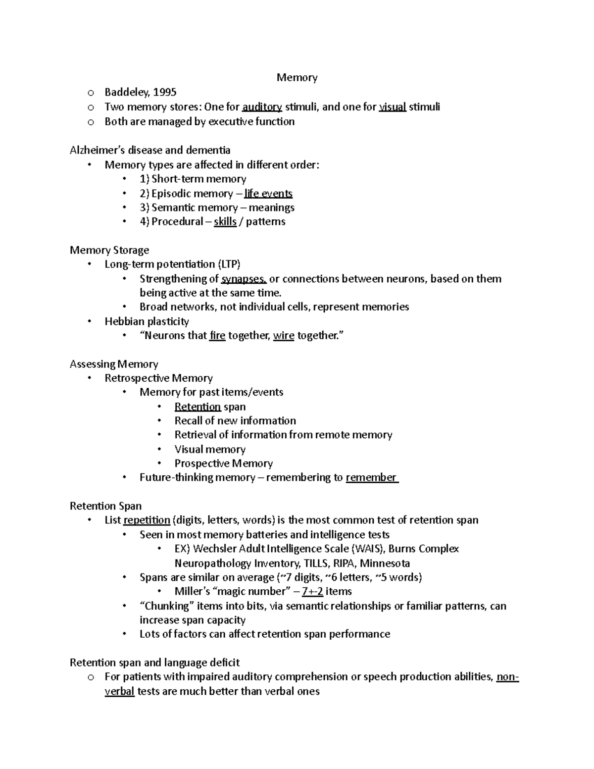 Memory - Notes from Dr. Filmore's Neuroscience in CSD course at Baylor ...