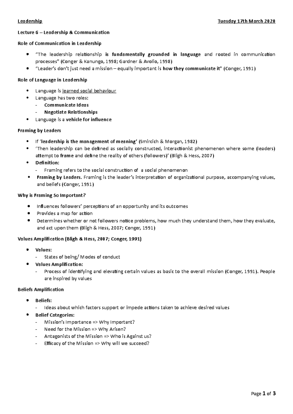 Leadership Lecture 6 Notes - Leadership Tuesday 17th March 2020 Lecture ...