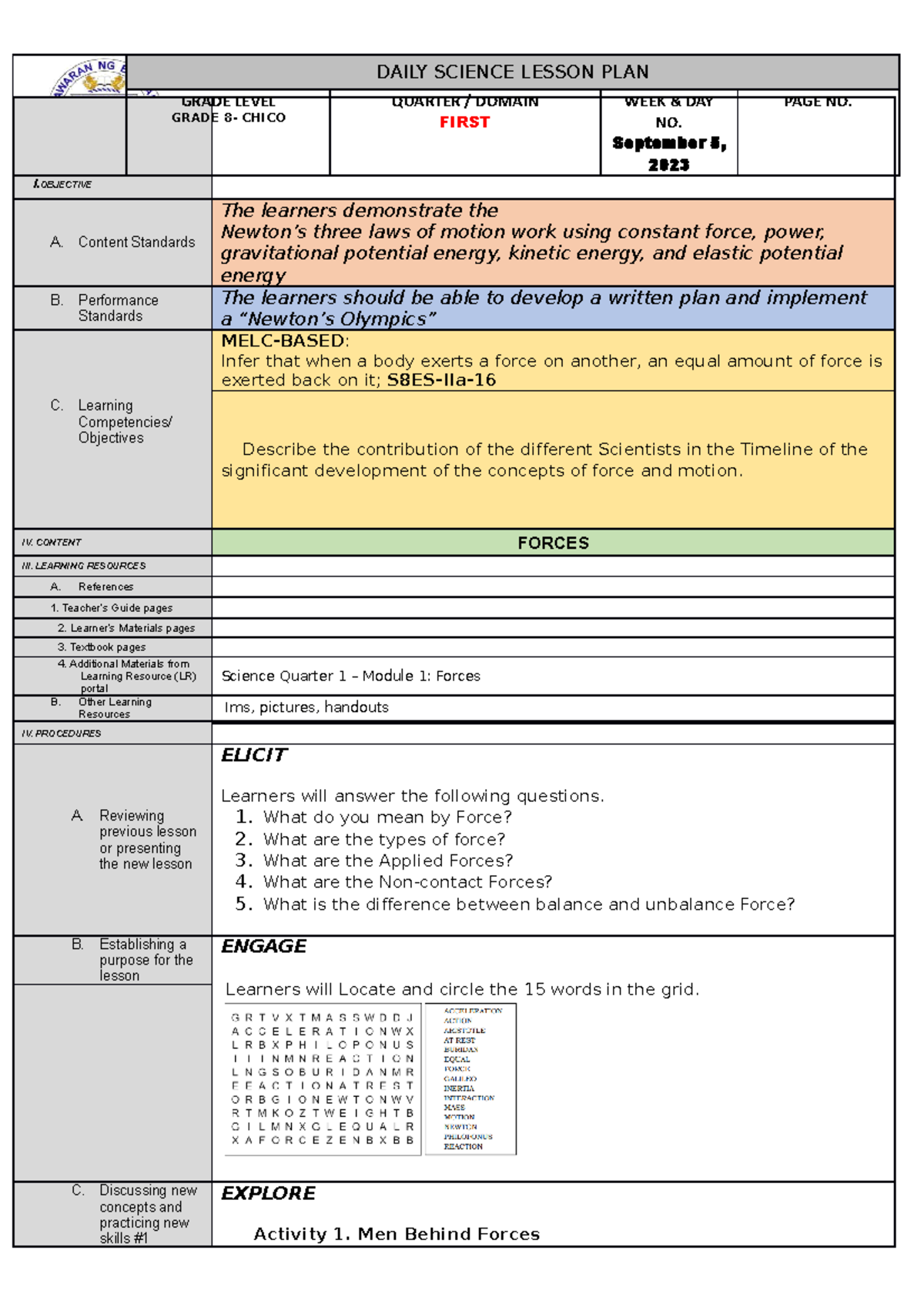 9-5-23 - Lesson Plan about Science 8 Quarter 1 - I A. Content Standards ...