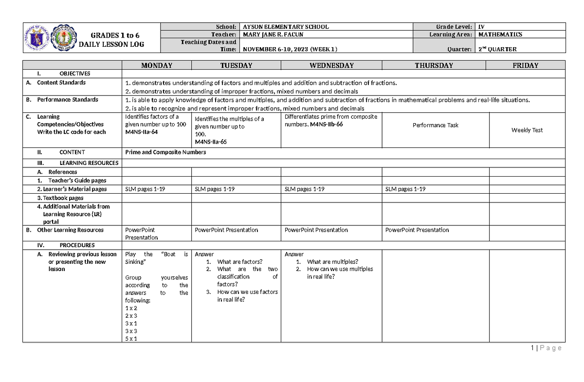 MATH 4 DLL Q2 WEEK 1 - DLL-MATH4 - GRADES 1 to 6 DAILY LESSON LOG School: AYSON ELEMENTARY ...