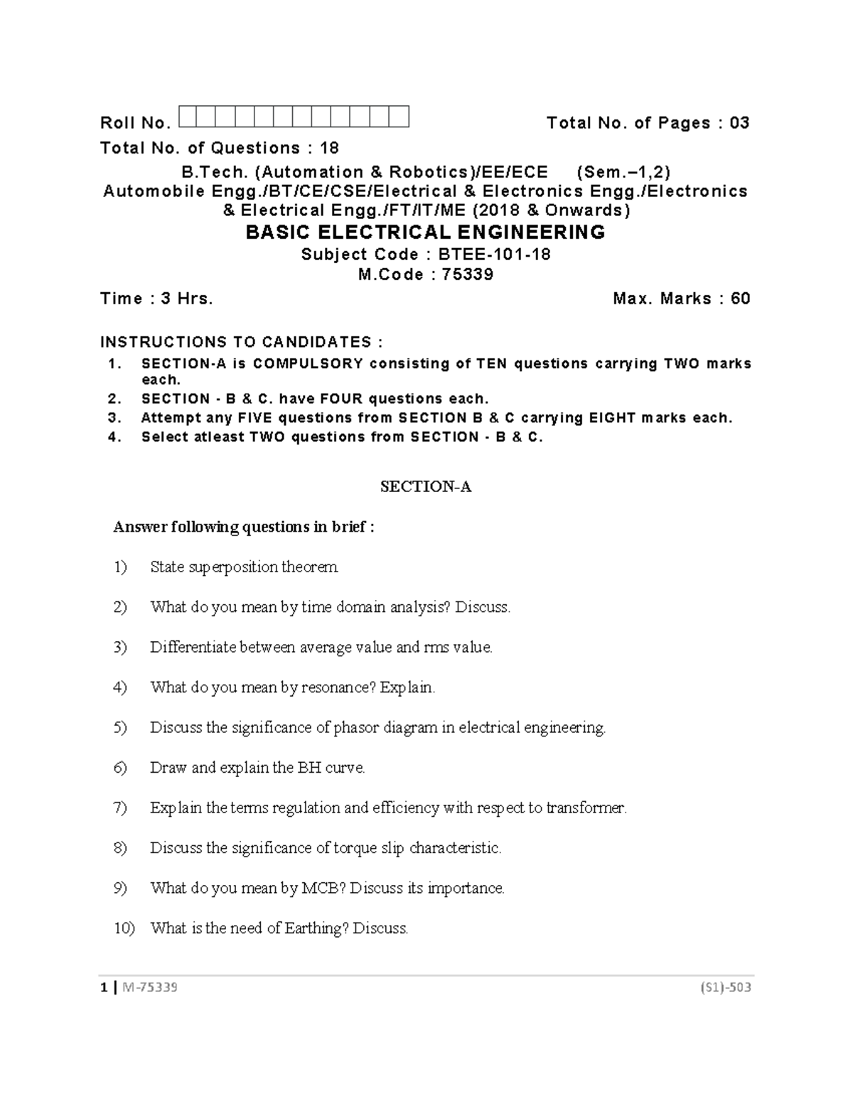 PTU BEE Final Paper 2019 CSE - 1 | M-75339 (S1)- Roll No. Total No. of ...