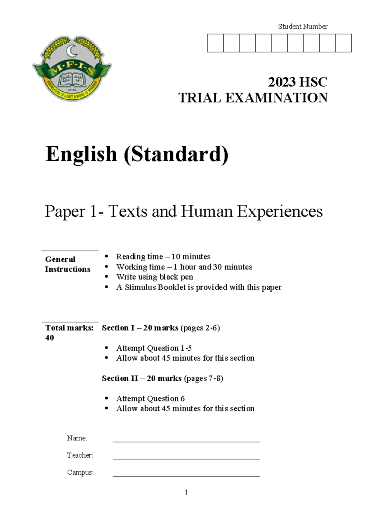 2023 HSC Paper 1 Question Booklet - 2023 HSC TRIAL EXAMINATION English ...