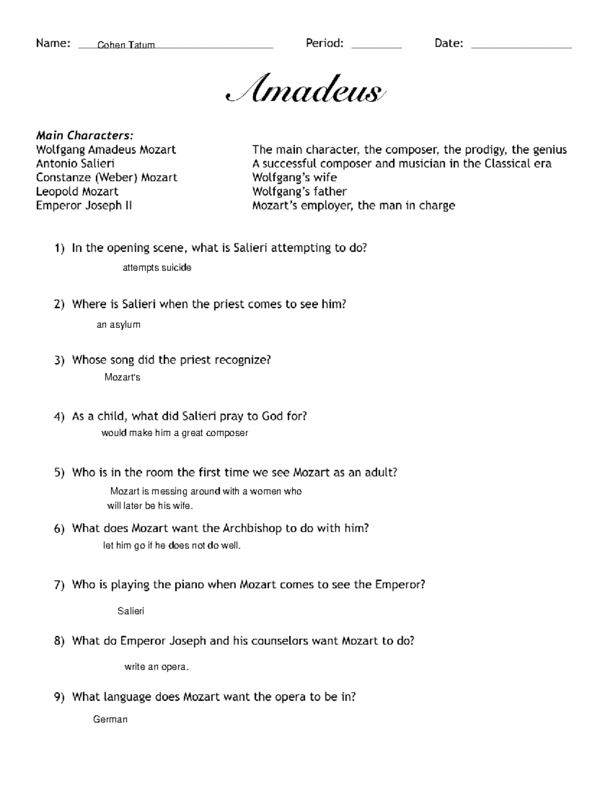 Amadeus Worksheet - Amadeus Worksheet - Name ...
