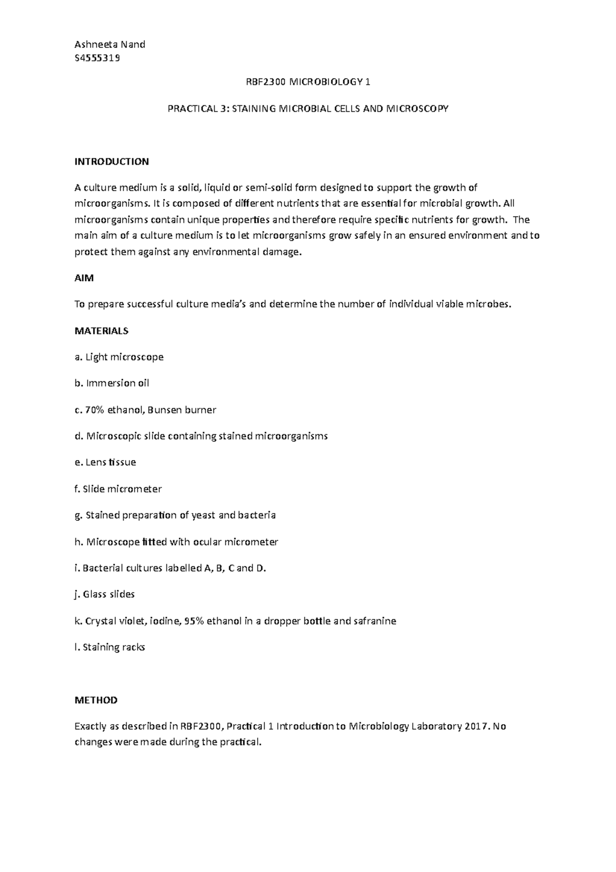 Lab report-Cell staining - S RBF2300 MICROBIOLOGY 1 PRACTICAL 3 ...
