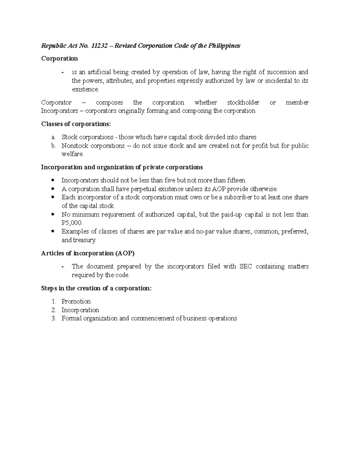 Corporate notes - Revised Corporation Code - Republic Act No. 11232 ...