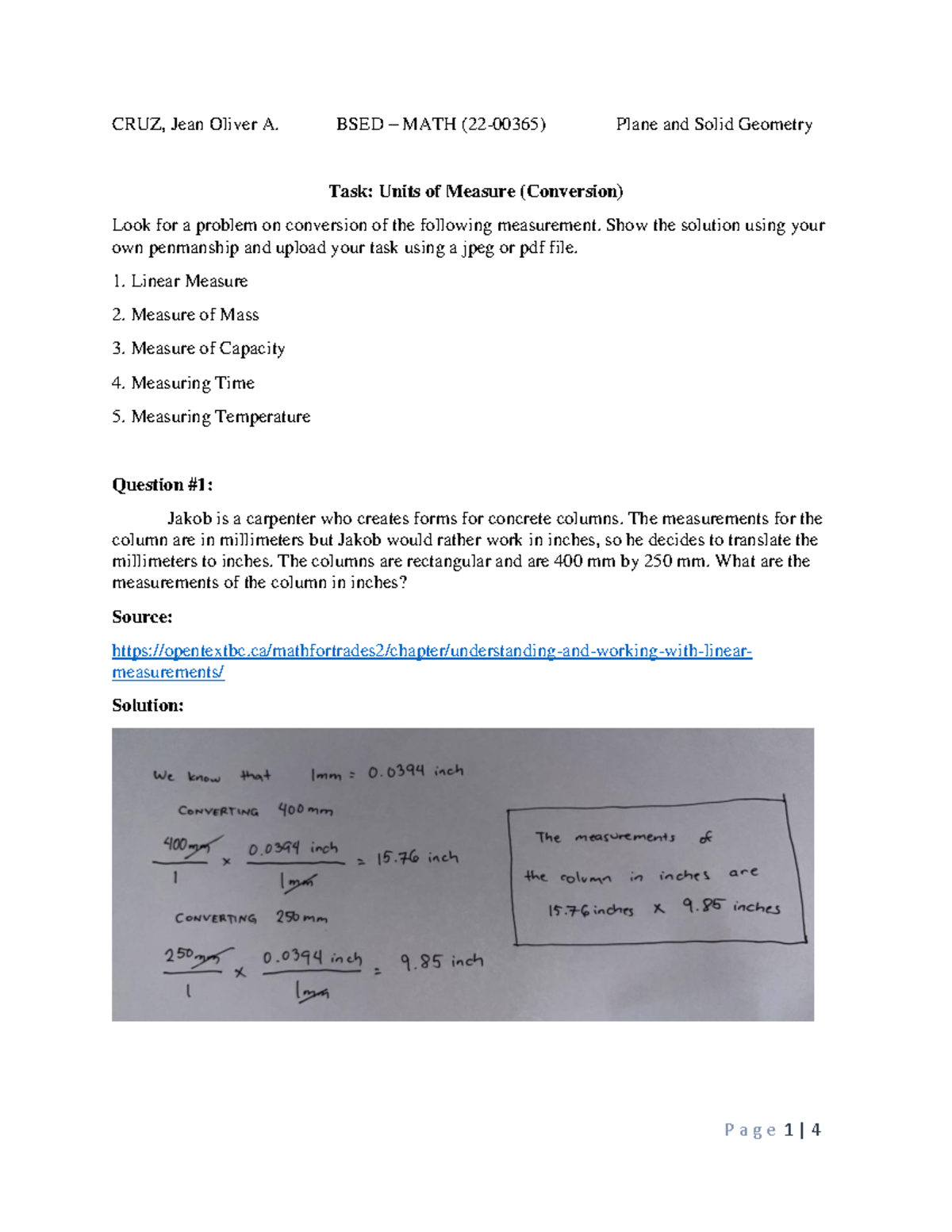 Task: Units of Measure (Conversion) - CRUZ, Jean Oliver A. BSED – MATH ...