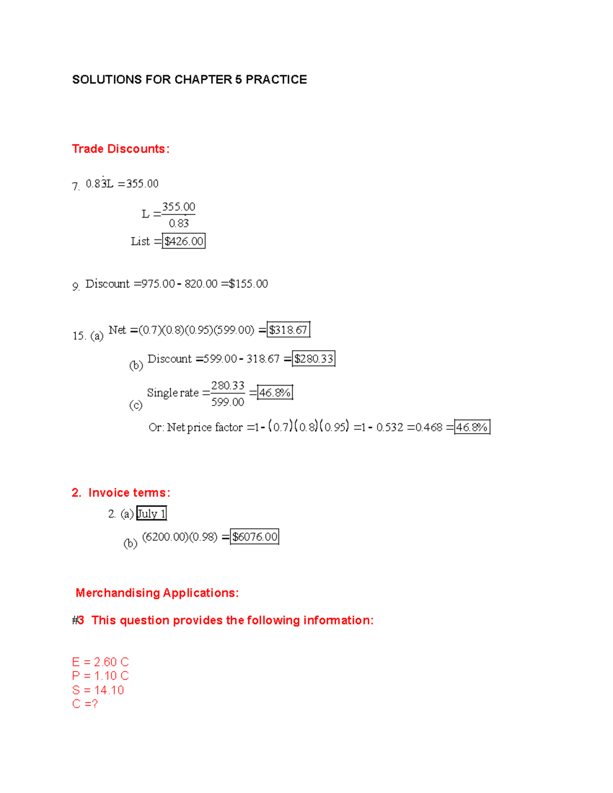 BUQU 1130 chapter 5 - SOLUTIONS FOR CHAPTER 5 PRACTICE Trade Discounts ...