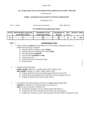 QP - CSE - Q. EXPERIMENT LIST Create a Table as workers and the details ...
