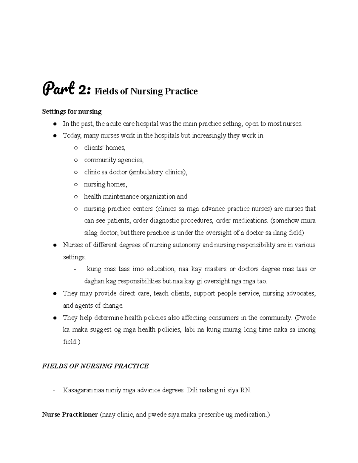 Fields of Nursing Practice - Pa 2: Fields of Nursing Practice Settings ...