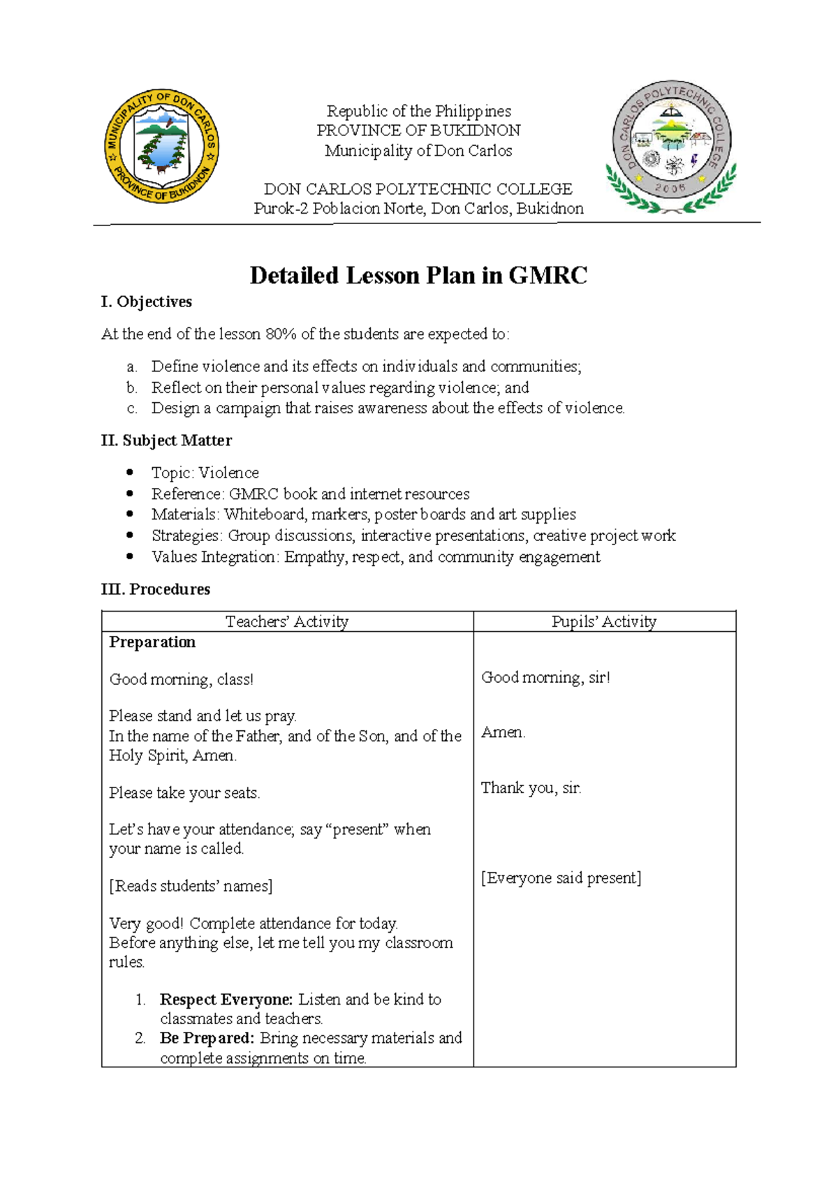 Sample Detailed Lesson PLAN IN GMRC - Republic of the Philippines ...