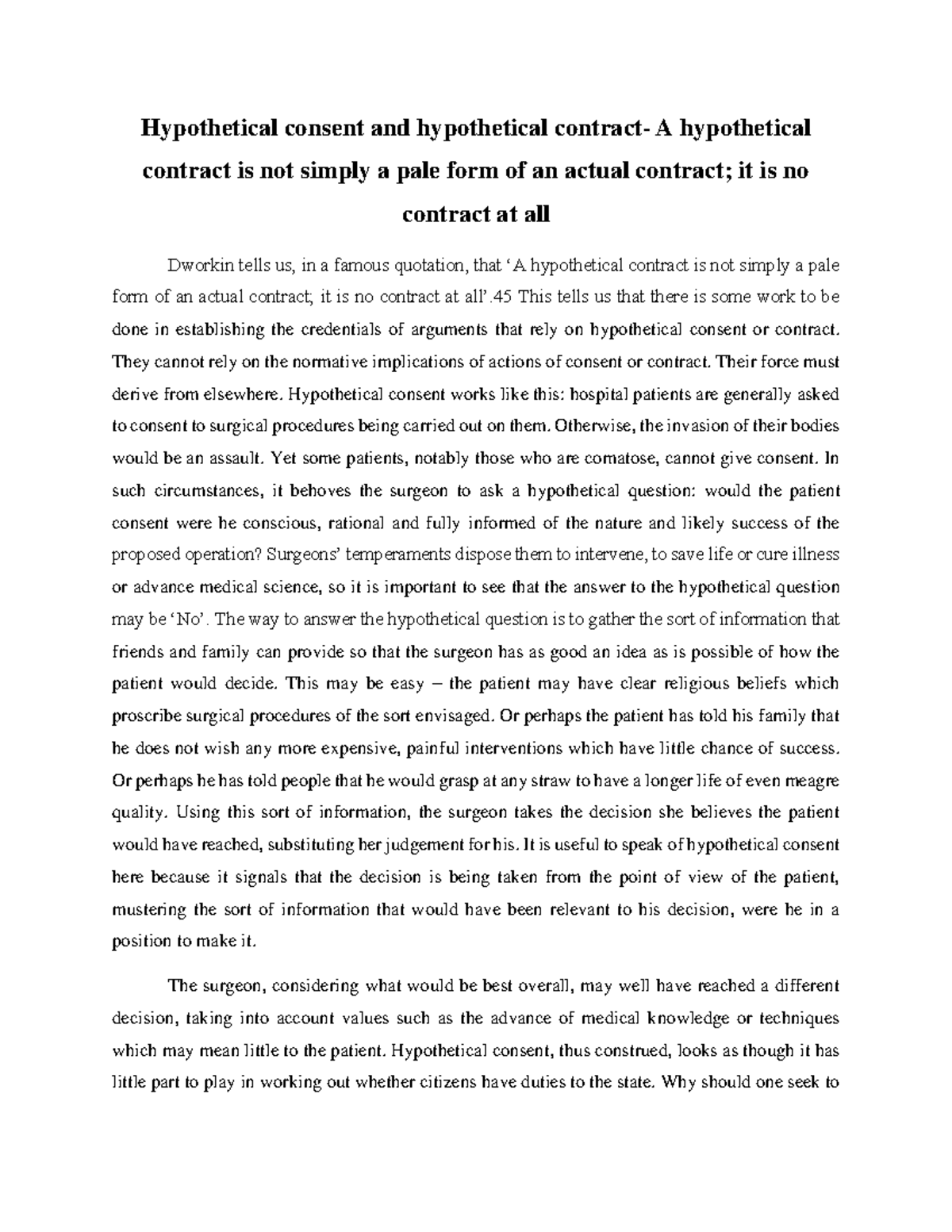 Hypothetical consent and hypothetical contract- A hypothetical contract ...