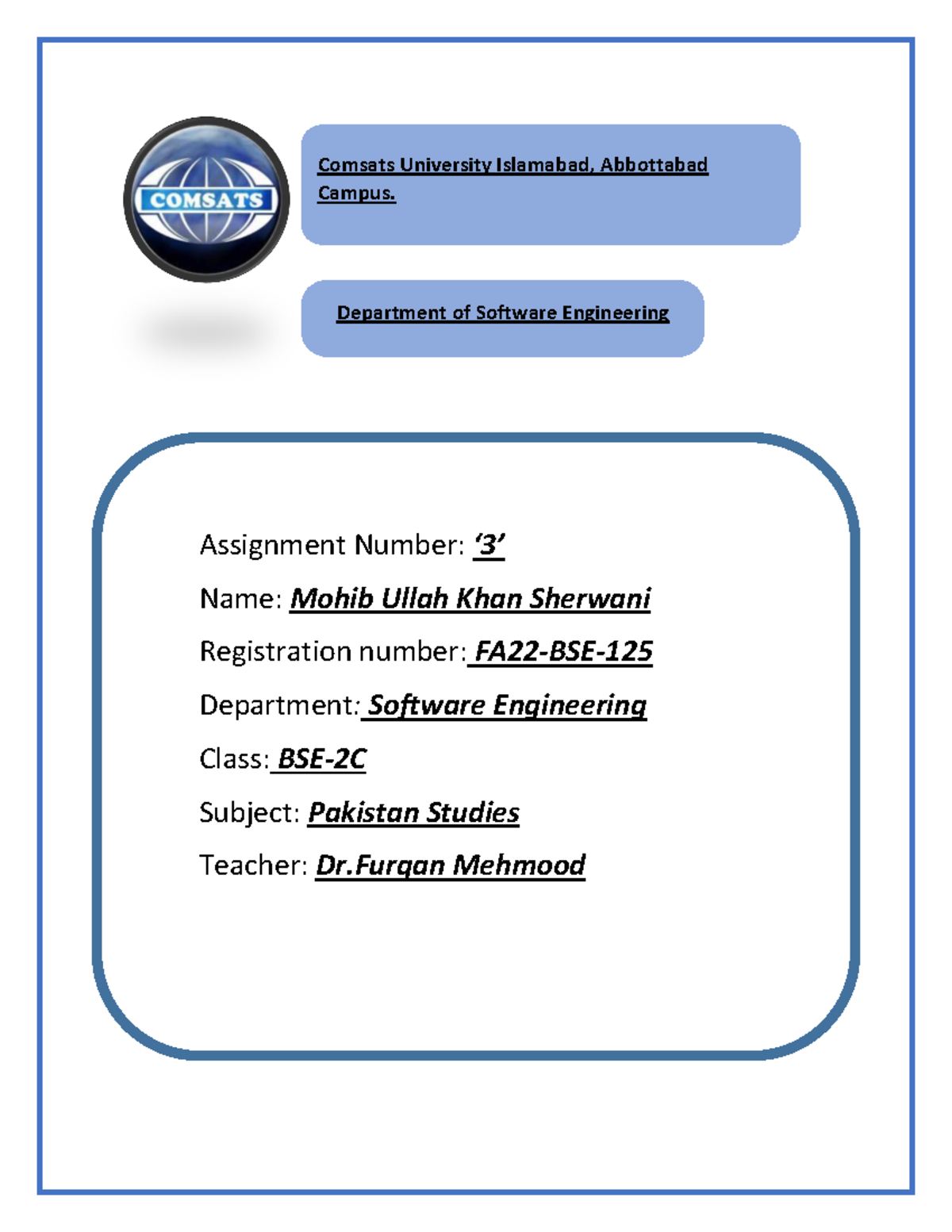 Pak Studies Assign 3 - Comsats University Islamabad, Abbottabad Campus ...