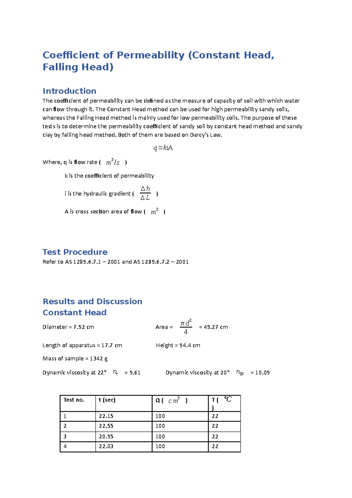 Permeability lab report - Coefficient of Permeability (Constant Head ...
