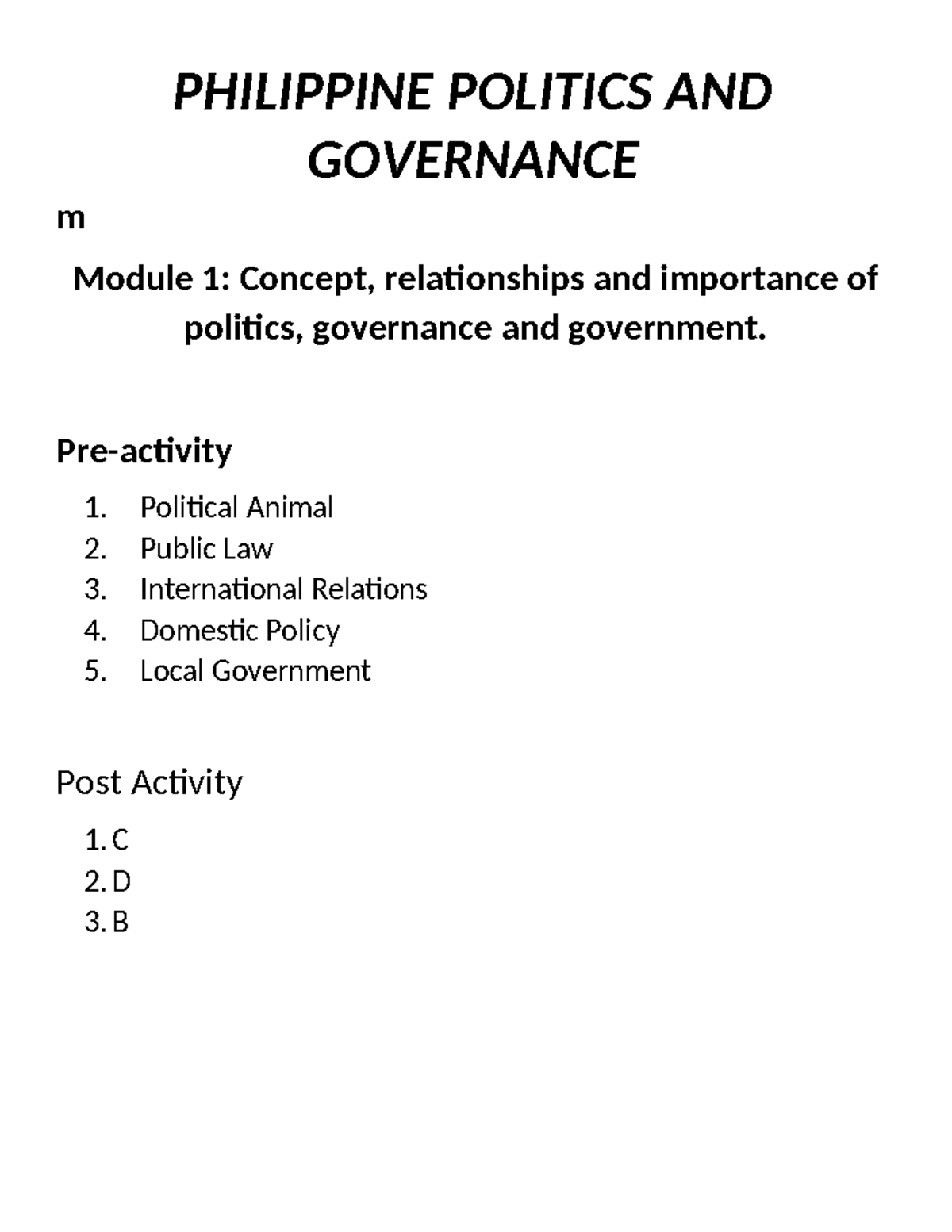 Polgov Week1 to 7 - wowers - GOVERNANCE m Module 1: Concept, relationships and importance of ...