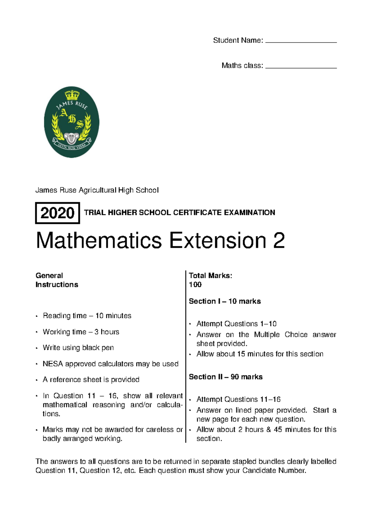2020 Paper - Student Name: Maths class: James Ruse Agricultural High ...