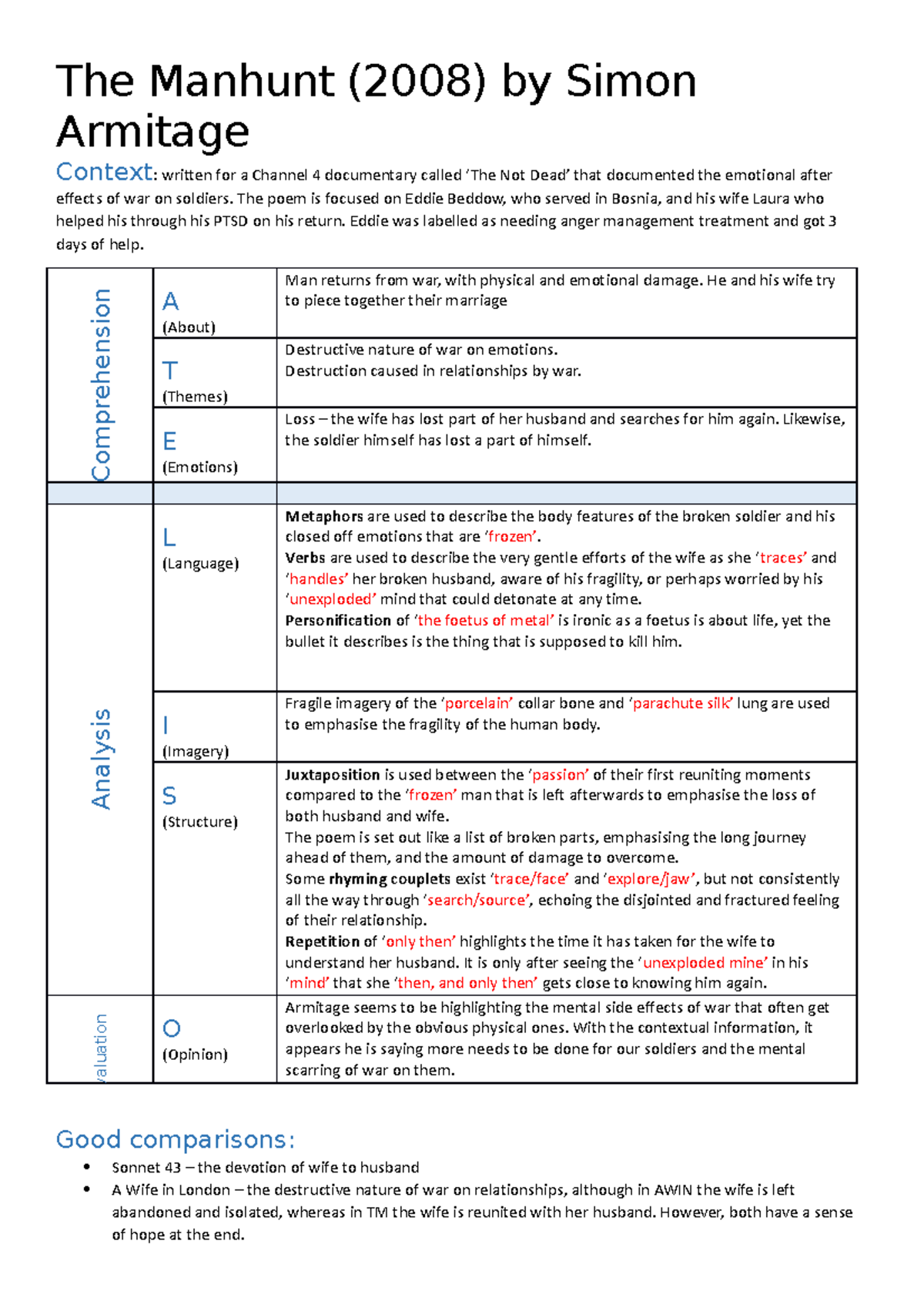 The Manhunt analysis (LH) - The Manhunt (2008) by Simon Armitage Context: written for a Channel ...