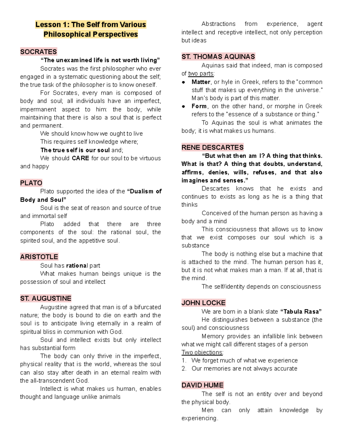 Understanding THE SELF - Lesson 1: The Self from Various Philosophical ...