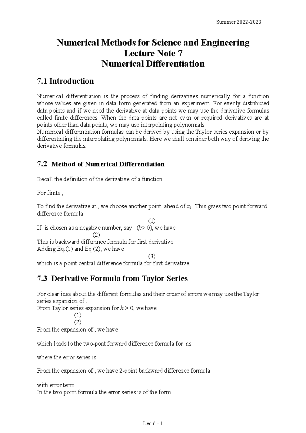 CH-7, MATH-5 Lecture NOTE - Numerical Methods For Science and ...