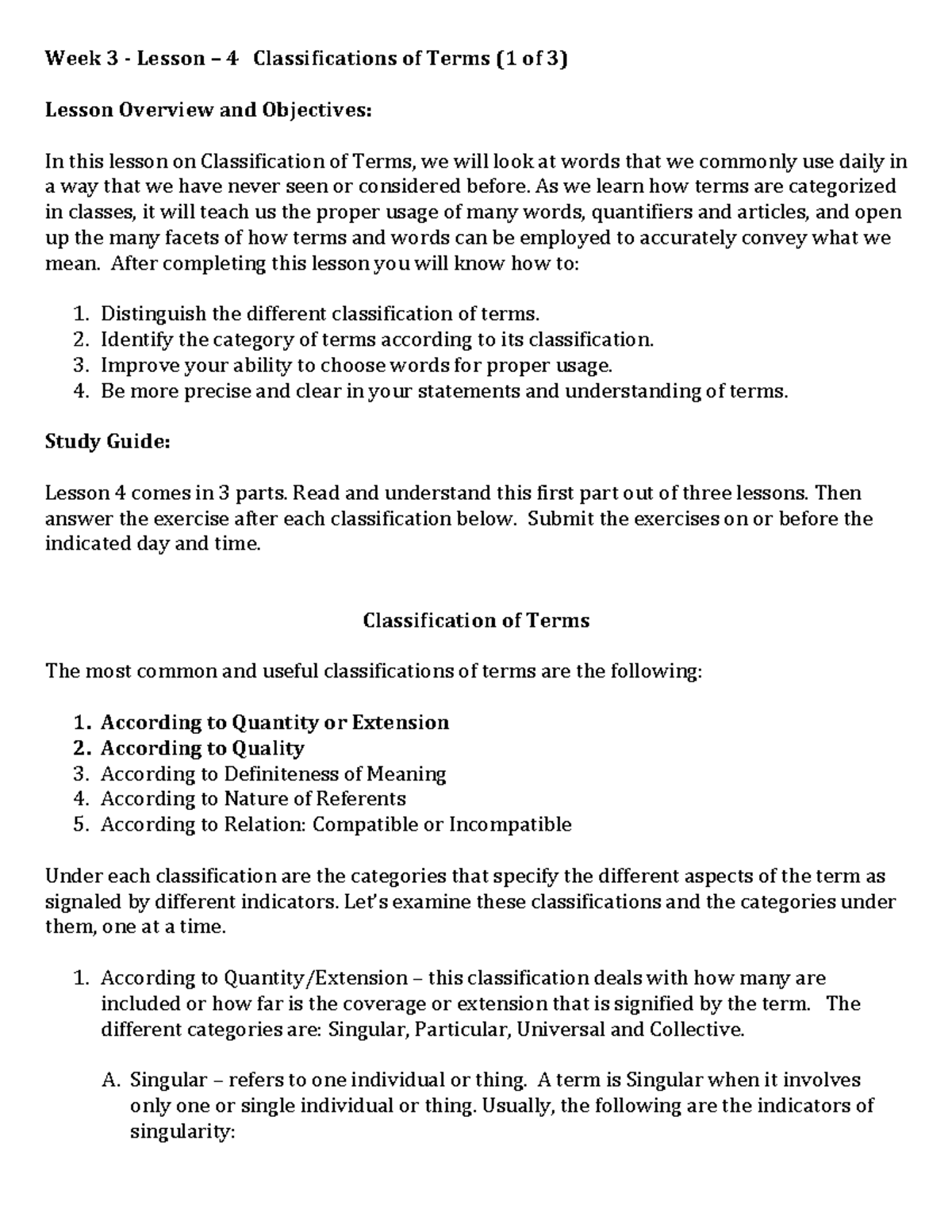 Lesson 4 - Part 1. Classification of Terms Lesson 4 - Part 1 ...