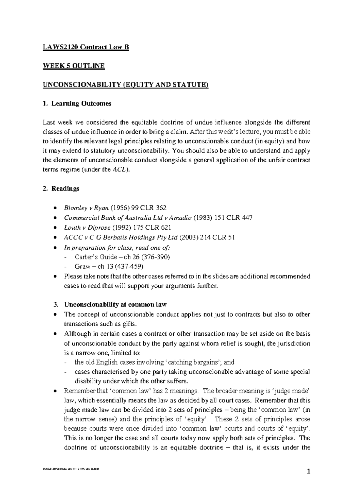 22S2 Topic 5 Outline - Unconscionability - LAWS2120 Contract Law B WEEK ...