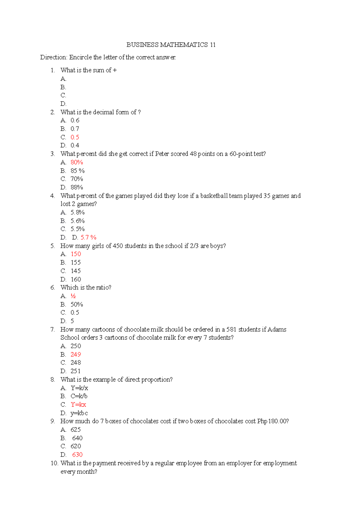 Test question on business math - BUSINESS MATHEMATICS 11 Direction ...