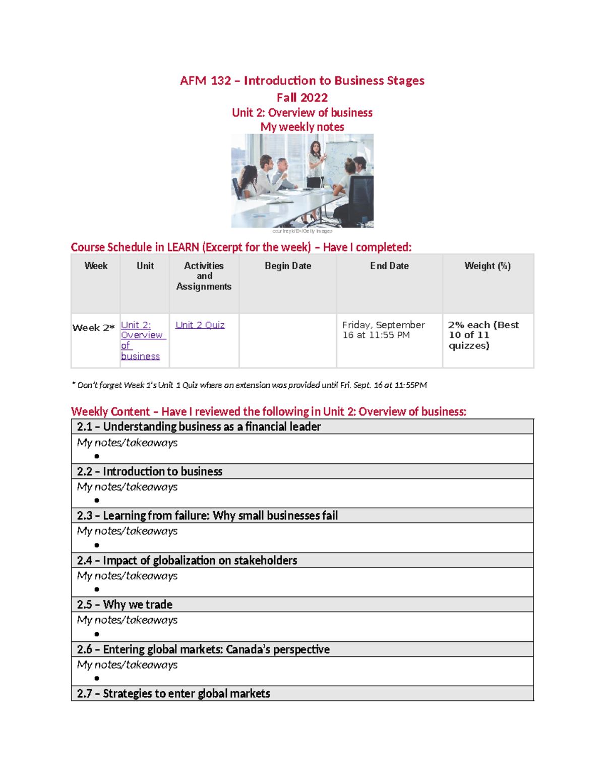 AFM 132 - Unit 2 - My Weekly Notes - AFM 132 – Introduction to Business ...