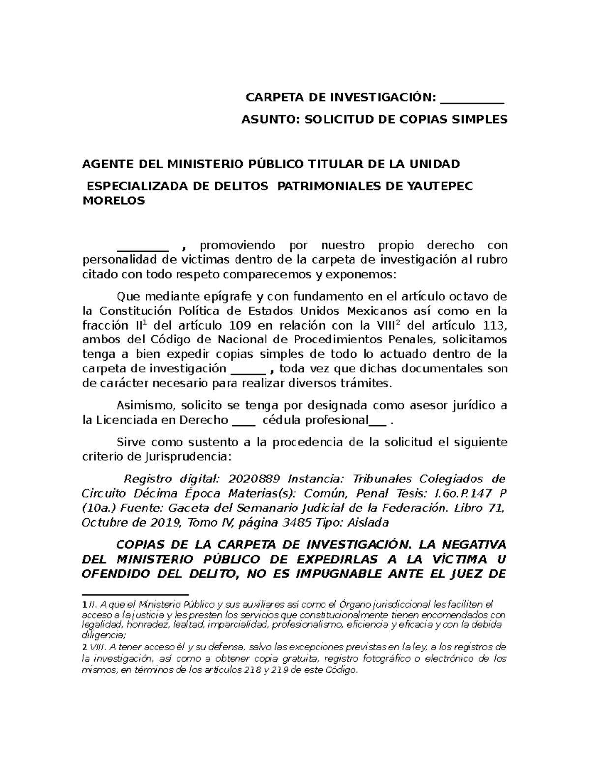 Solicitud DE Copias Simples - CARPETA DE INVESTIGACIÓN ...